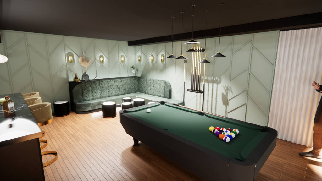 Projet Bachand, 3D, St-Constant - Amo Design Design de sous-sol haut gamme